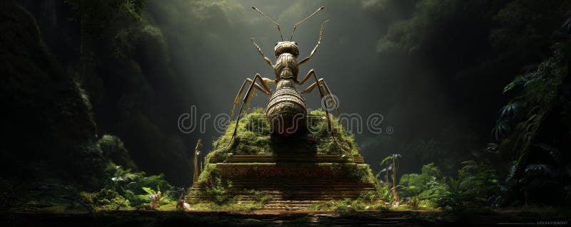 Giant Ant Statue on Mossy Temple Surrounded by Jungle in Mystical ...