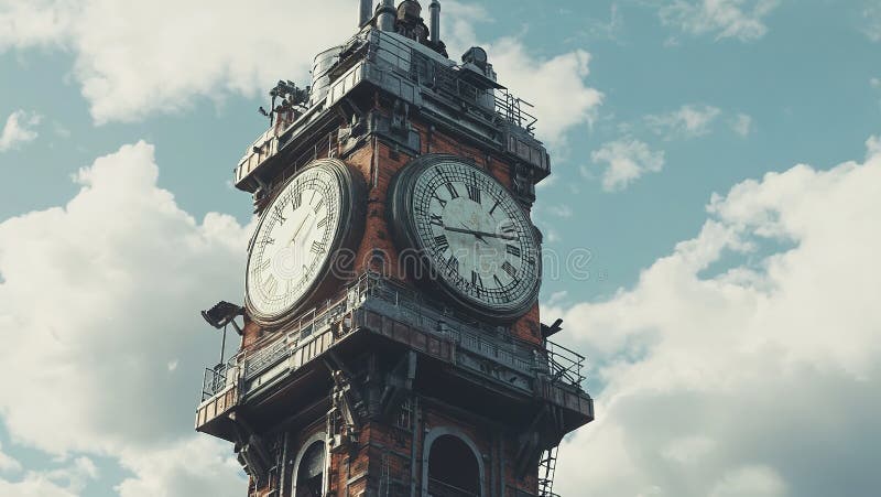 Giant Antique Clock Tower with Cloudy Sky Background Stock Illustration ...