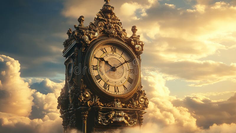 Giant Antique Clock Tower with Cloudy Sky Background Stock Illustration ...