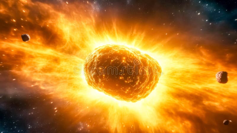 Giant Asteroid Exploding with Bright Orange Fire in Deep Space Stock ...