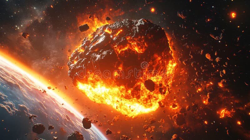 Giant Asteroid Falling Toward Earth with Glowing Flames and Debris in ...