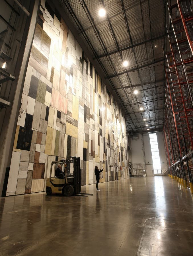 Giant Barcode Wall Art in a Spacious Warehouse Featuring a Forklift in ...