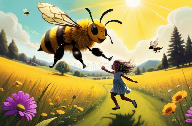 A Giant Bee Chasing a Little Girl at 14-12-2024 Stock Illustration ...