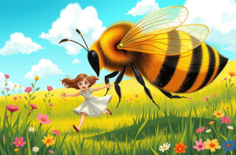 A Giant Bee Chasing a Little Girl at 14-12-2024 Stock Illustration ...