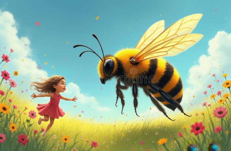 A Giant Bee Chasing a Little Girl at 14-12-2024 Stock Illustration ...