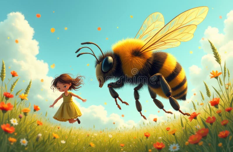 A Giant Bee Chasing a Little Girl at 14-12-2024 Stock Illustration ...