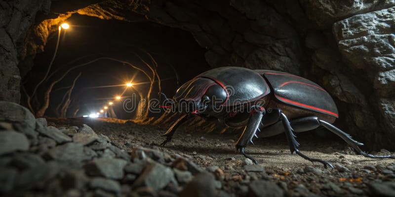 Giant Beetle Exploring a Dimly Lit Underground Tunnel with Scattered ...
