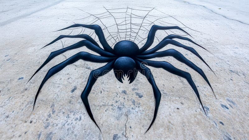 Giant Black Spider with Web Drawing on Concrete Surface Stock Photo ...