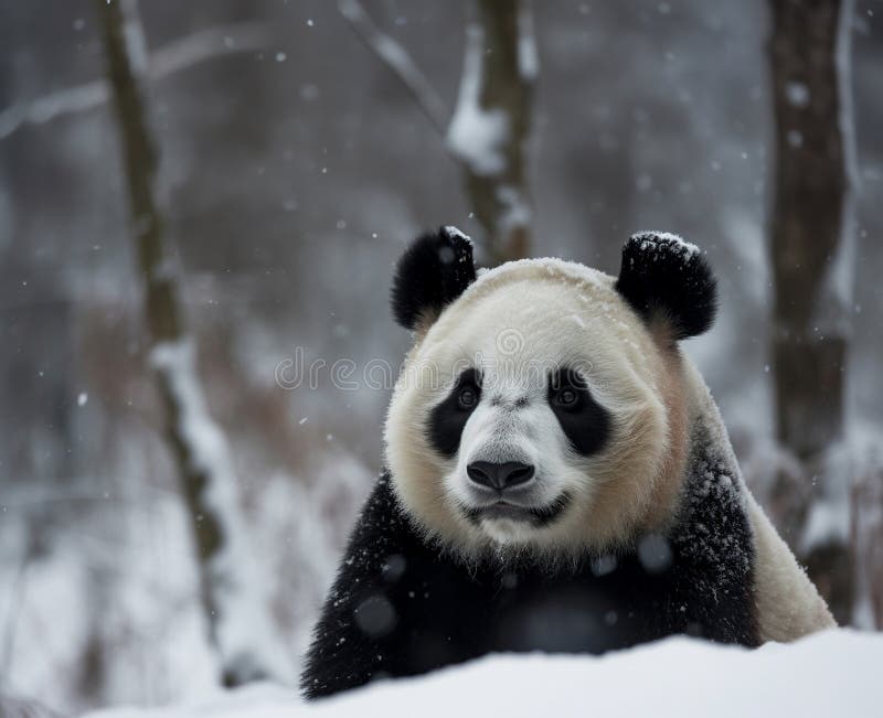 Giant Black and White Panda Eating Snow Bamboo in the Forest Stock ...