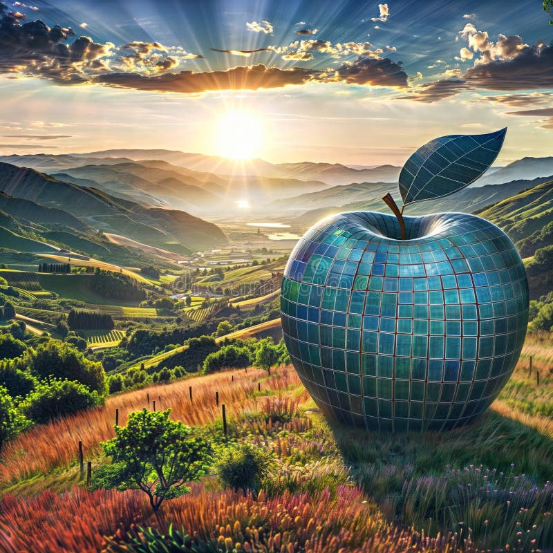 Whimsical Energy: Blue Apple Sculpture with Solar Influence at Sunset ...