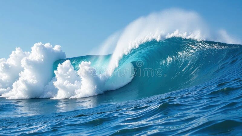 Giant Blue Ocean Wave Breaking Under a Clear Sky Stock Photo - Image of ...