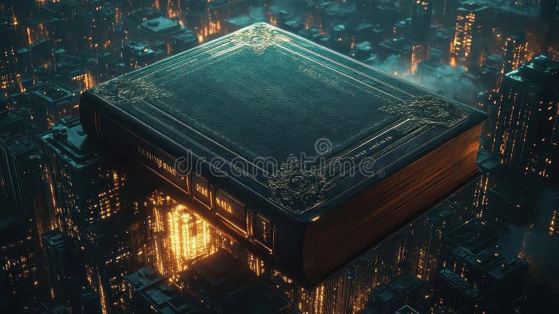 A Giant Book Hovering Over a Cityscape, Lit by Night Lights Stock ...