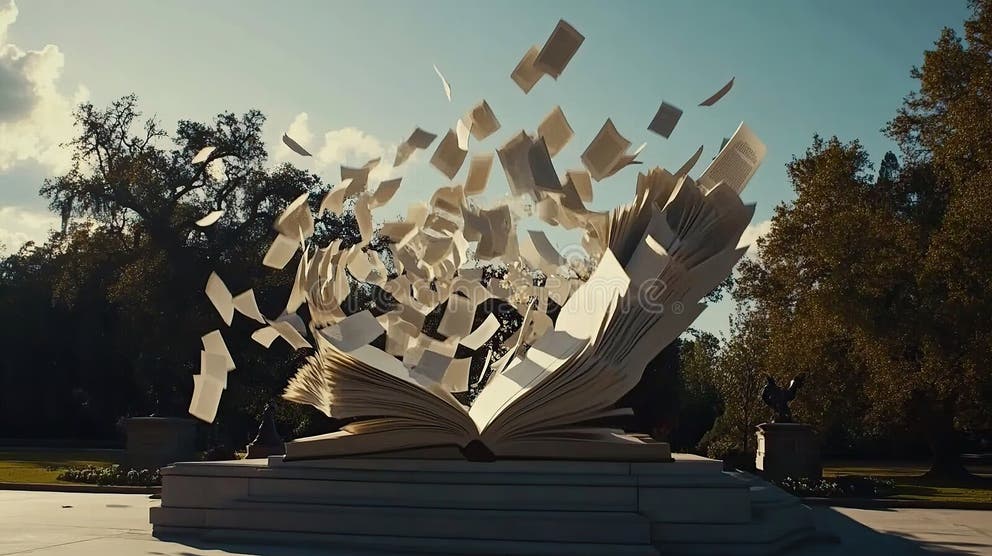 Giant Book Pages Fly, Park Setting, Sunset, Education Concept Stock ...