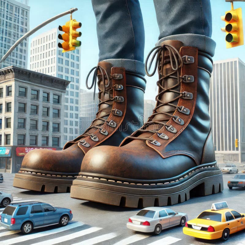 Giant Boots in the City among Cars. Stock Photo - Image of surreal ...