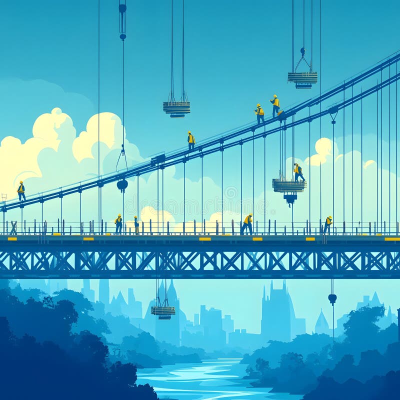 Giant Bridge Construction with Floating Suspension Cable and River ...