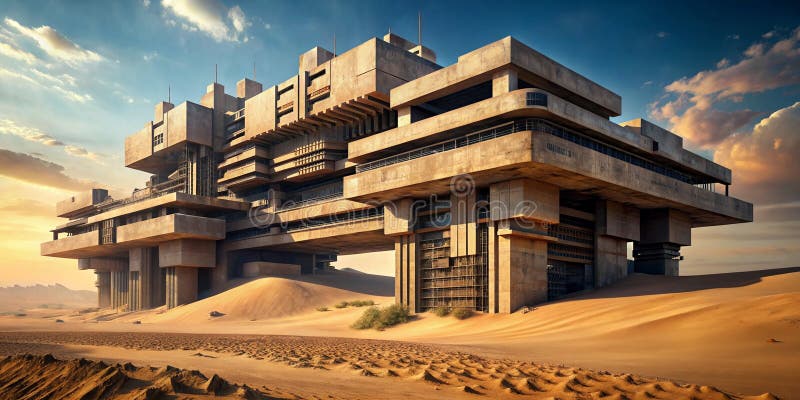 Giant Brutalist Science Fiction Mega Structure in the Dune Desert AI-Created Content Stock ...