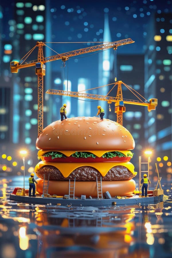 Giant Burger Construction Site on a Floating Platform in a Vibrant City ...