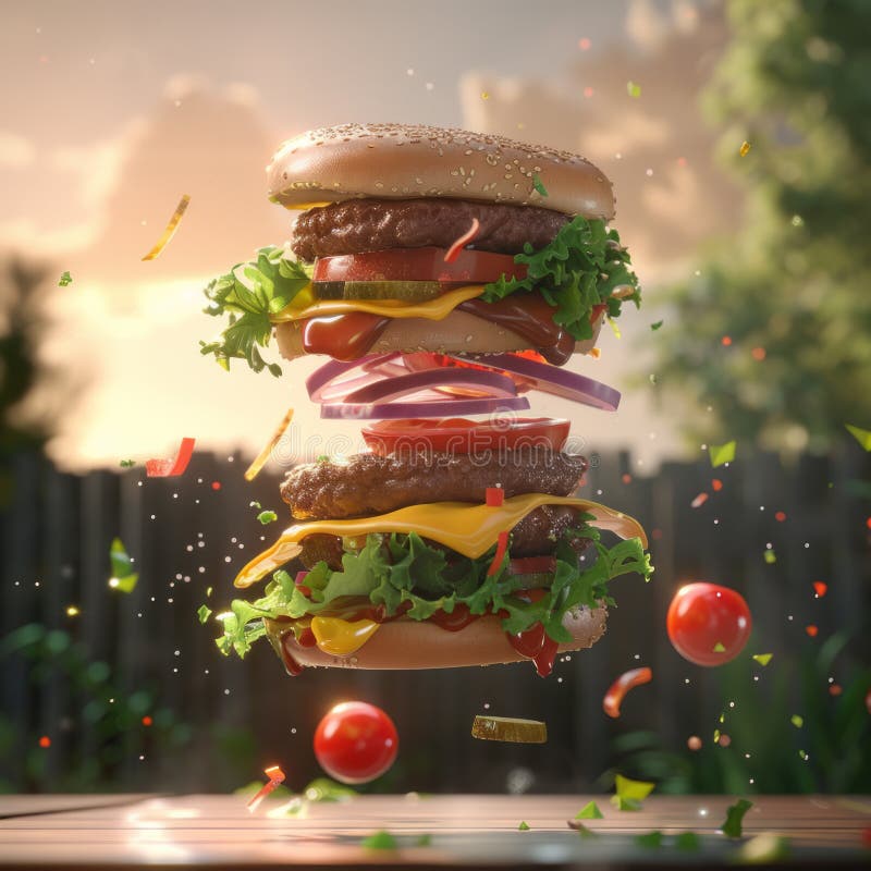 Giant Burger Falling Down and Bouncing on Table with Cherry Tomatoes ...