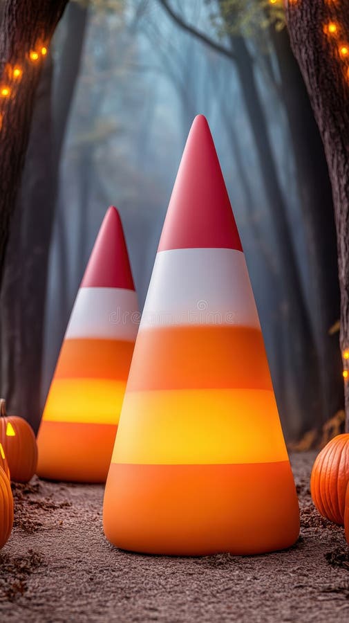 Giant Candy Corn Decorations Light Up a Misty Forest Path, Creating a ...