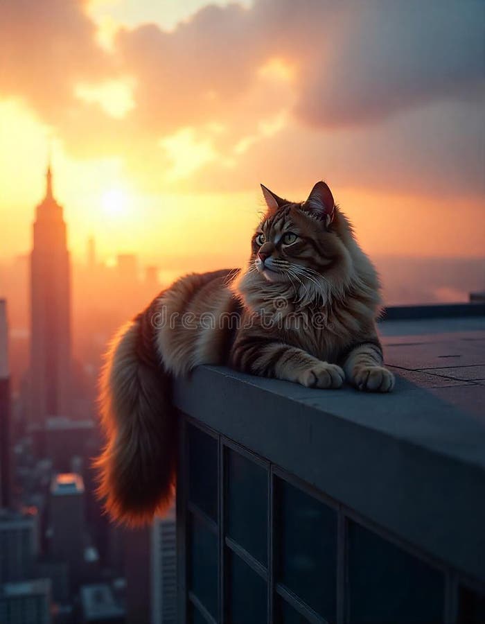 A Giant Cat Resting on Top of a Lit Skyscraper, Realistic Light Stock ...