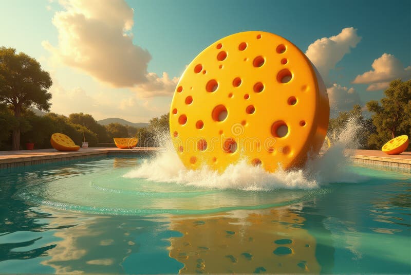 Giant Cheese Wheel Splashing in Swimming Pool Summer Fun Surreal Food ...