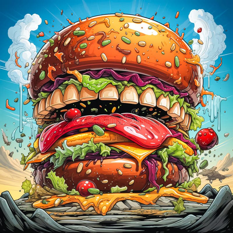 Giant Cheeseburger Monster with Teeth Stock Illustration - Illustration ...