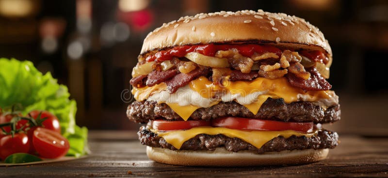 Giant Cheeseburger with Multiple Layers of Beef Patties, Cheese, Bacon, Onions, and Fresh ...