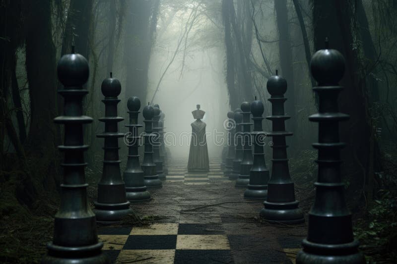 Giant Chess Pieces in a Dense, Foggy Forest with a Path Leading through ...