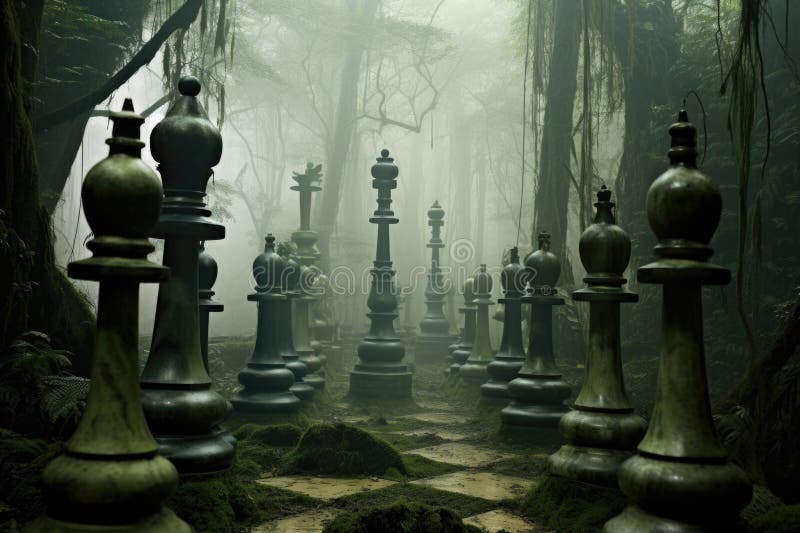 Giant Chess Pieces in a Dense Forest, Surrounded by Fog Stock Image ...