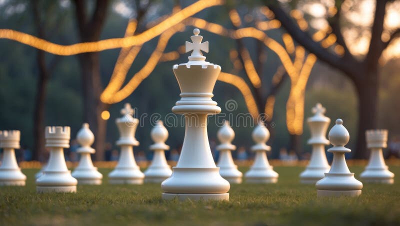Giant Chess Set in a Park during Twilight with Illuminated Trees Lining ...