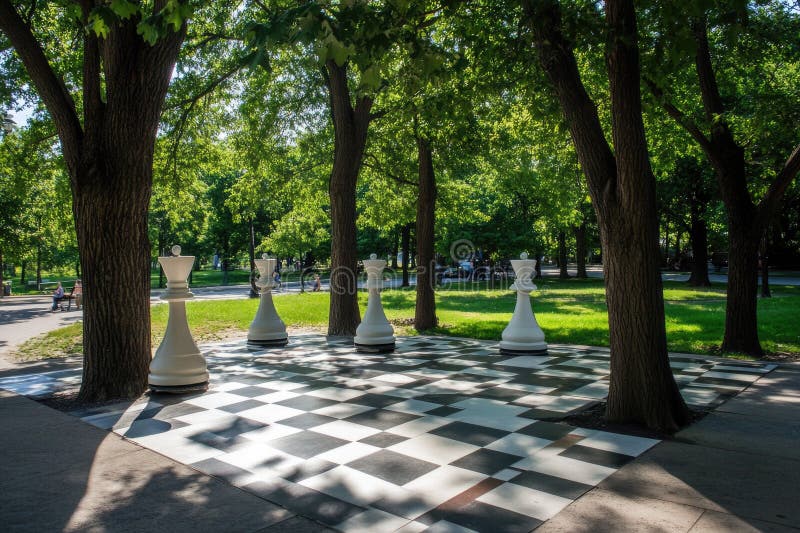 Giant Chess Set in Sunlit Park Surrounded by Trees Stock Photo - Image ...