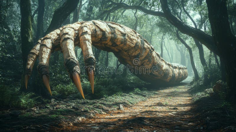 Giant Clawed Creature in a Misty Forest Environment Stock Image - Image ...