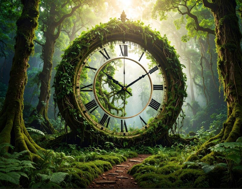 A Giant Clock with Clock Hands Made of Vines, Surrounded by a Lush ...