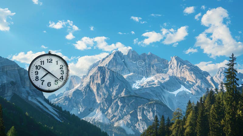 A Giant Clock in Front of the Mountains Time is Running Out Stock ...