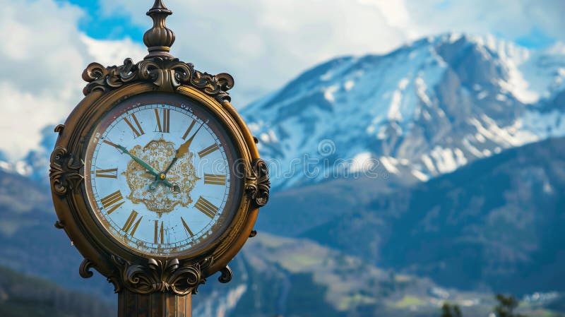 A Giant Clock in Front of the Mountains Time is Running Out Stock ...