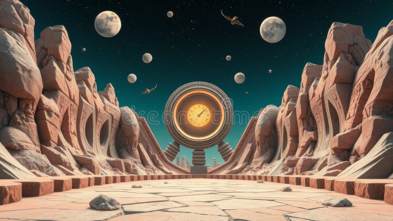 A Giant Clock Stands in a Surreal Desert Landscape Stock Illustration ...