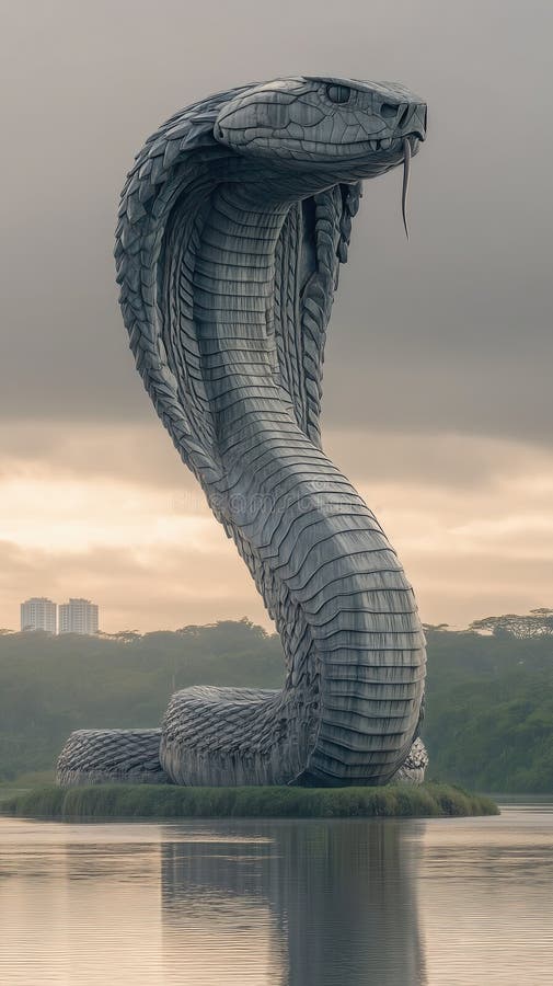 Giant Cobra Statue Rises from Water in Misty Landscape Stock ...