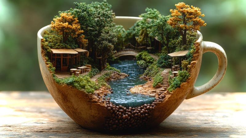 Giant Coffee Cup Reveals a Serene Landscape with Trees, River, and ...