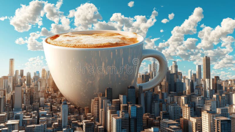 Giant Coffee Cup Over Cityscape at Sunrise Stock Illustration ...