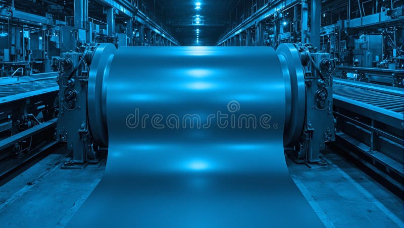 Giant Coil of Sheet Metal in Factory with Smooth Reflection Under Blue ...