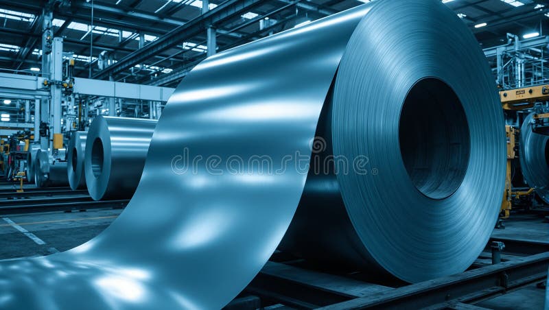 Giant Coil of Sheet Metal in Factory with Smooth Reflection Under Blue ...