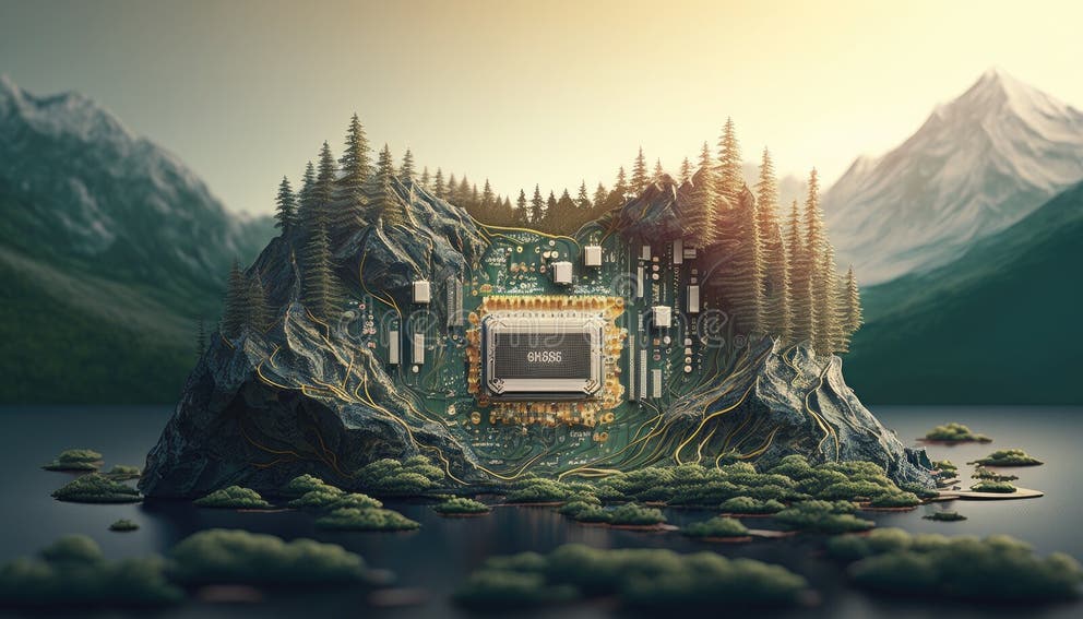 Giant Computer in Mountain Valley with Forest, AI Generative Stock ...