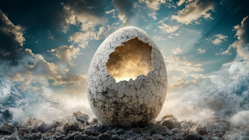 A Giant Cracked Egg Against a Dramatic Sky Backdrop, Symbolizing Birth ...