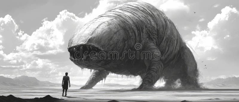Massive Creature Towering Over Tiny Figure in Surreal Landscape ...