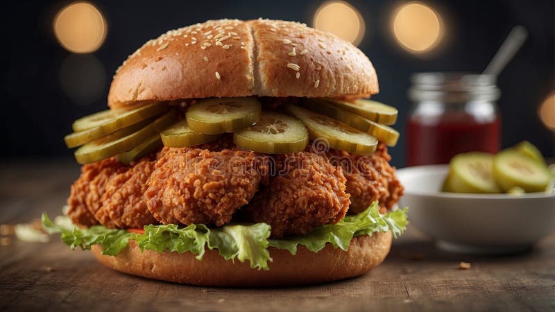 Giant Crispy Fried Chicken Sandwich with Pickles. Stock Photo - Image ...
