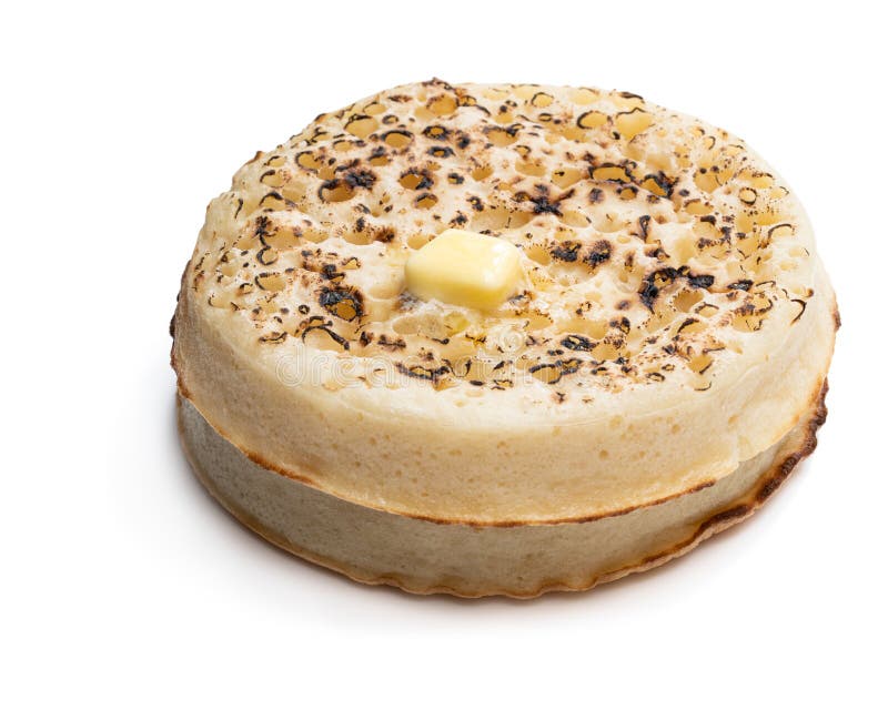 Giant Crumpets with Melted Butter on Cutting Board Isolated on White ...