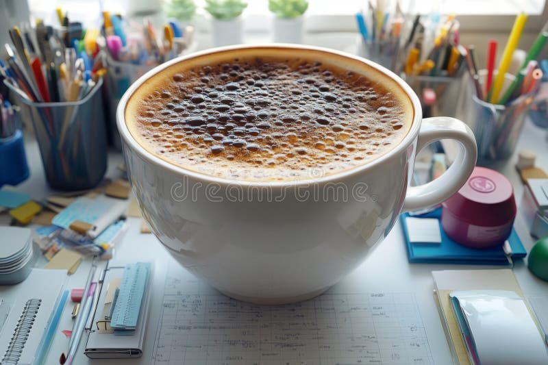 Giant Cup of Coffee Sits on a Busy Desk, Suggesting a Much-needed ...