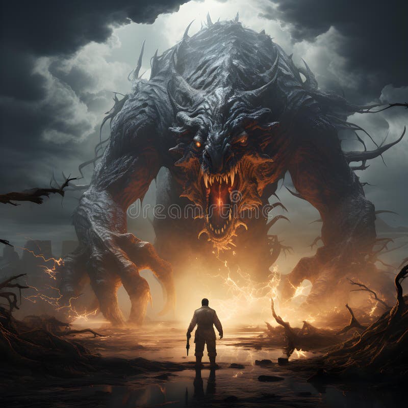 A Giant Demonic Monster with Sharp Eyes Walks Away from a Man in the ...