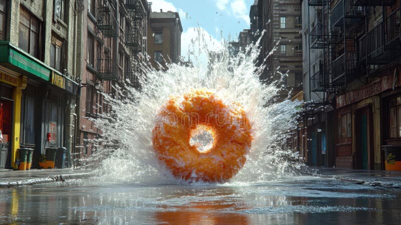 Giant Donut Splash in City Street Stock Illustration - Illustration of ...