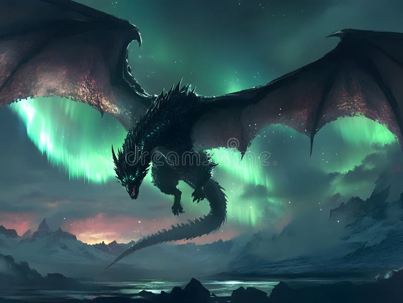 A Giant Dragon Flying Under the Northern Lights Stock Illustration ...